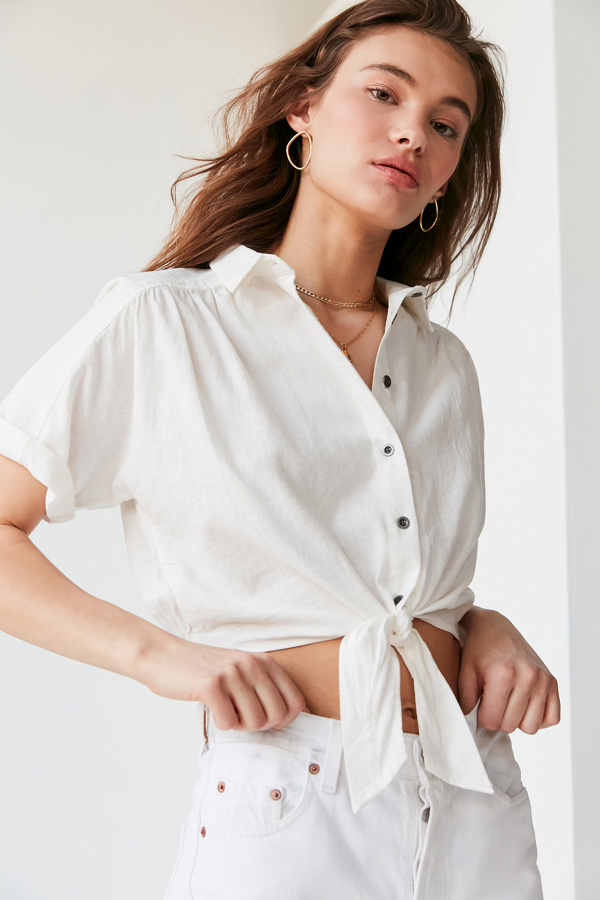 UO Jena White Tie-Front Shirt | Urban Outfitters