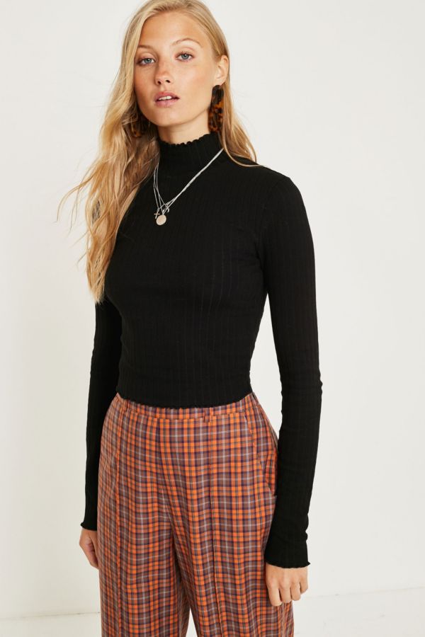 Uo Ribbed Long Sleeve Funnel Neck Top Urban Outfitters Uk