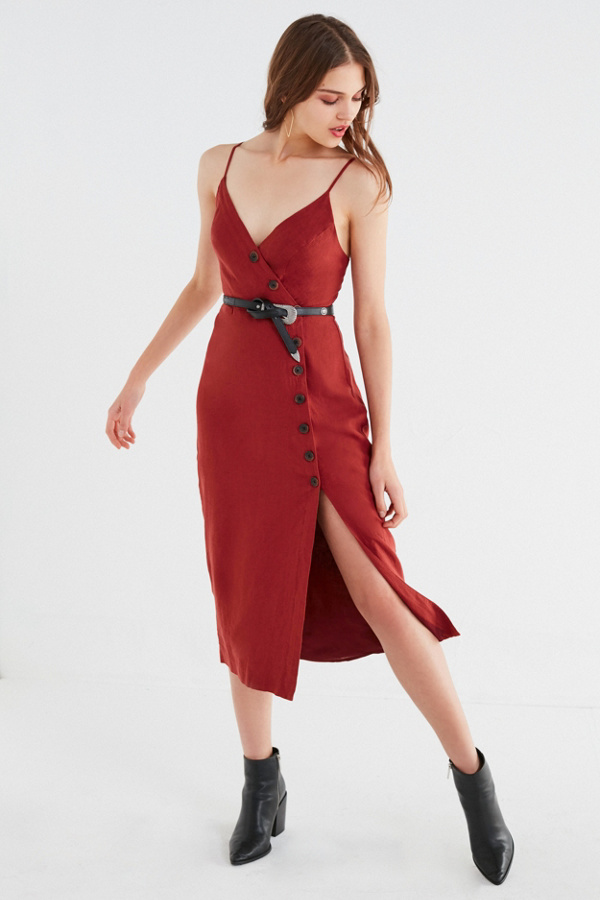 UO Amber Rust Linen Button-Through Midi Dress | Urban Outfitters