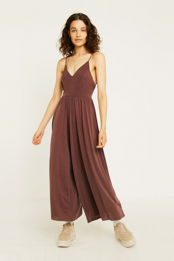 Uo Molly Burgundy Cupro Culotte Jumpsuit Urban Outfitters Uk