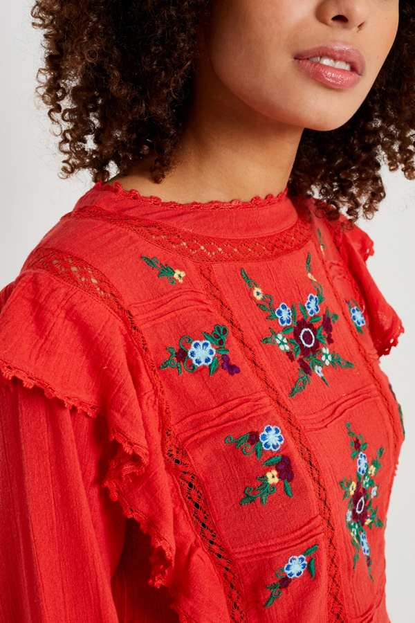 Free People Amy Red Floral Embroidered Top | Urban Outfitters