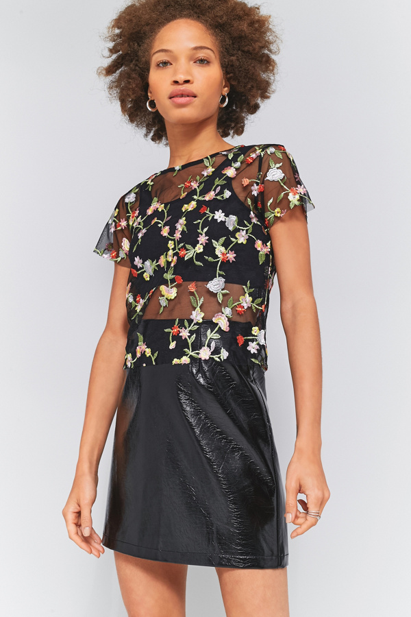 Pins & Needles Cloudy Floral Embroidered Mesh Top | Urban Outfitters