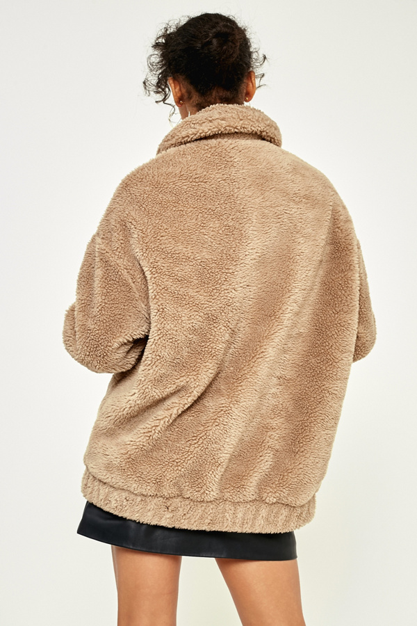 Light Before Dark Camel Teddy Zip-Through Jacket | Urban Outfitters